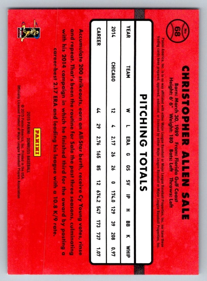 2015 Donruss Season Stat Line Chris Sale 68 057 /208 | eBay