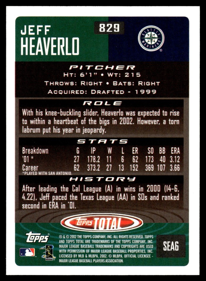 2002 Topps Total #829 Jeff Heaverlo Rookie Seattle Mariners | eBay