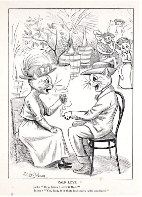 OLD ANTIQUE LOUIS WAIN COMICAL CATS CAT PRINT CALF LOVE SMOKING c1914 ...