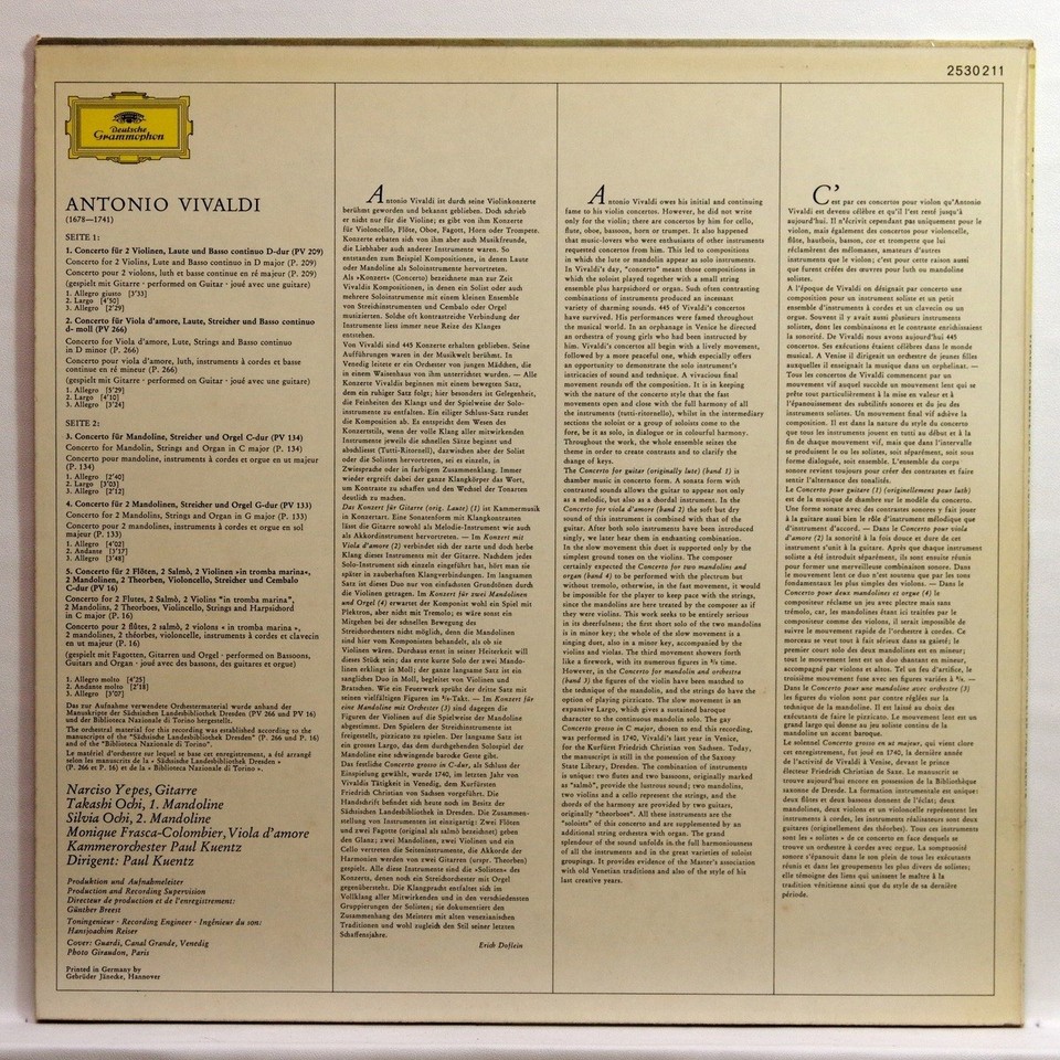 NARCISO YEPES, KUENTZ - VIVALDI concertos for lute & mandoline DGG LP ...