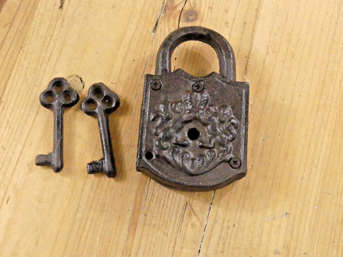 Cast Iron Lock And Key Set Large Vintage Look Prop Skeleton **MISSING ...