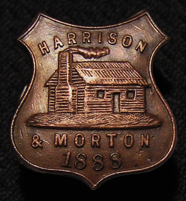 1888 BENJAMIN HARRISON - LEVI MORTON LOG CABIN CAMPAIGN BUTTON STUD PIN ...