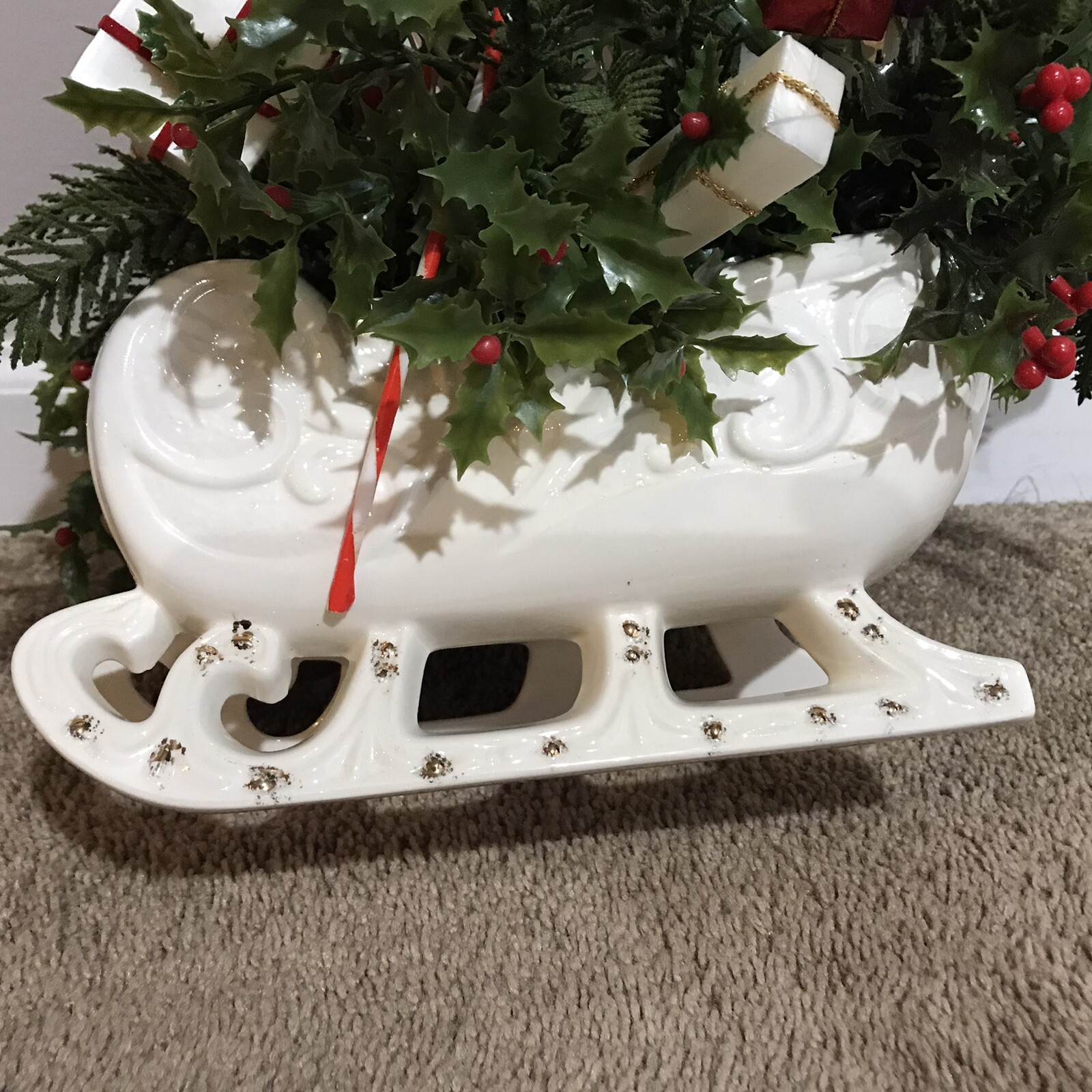 Vintage Christmas-Holland Mold Large Ceramic Sleigh 10” W/ Holly ...