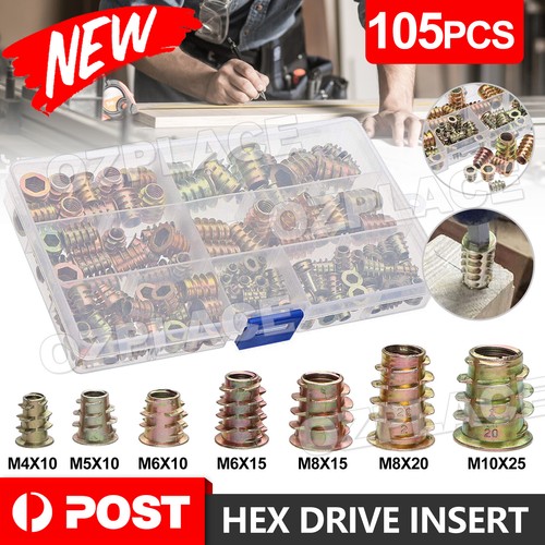 105 X M4 M5 M6 M8 M10 Wood Threaded Hex Drive Insert Fixing Screw ...