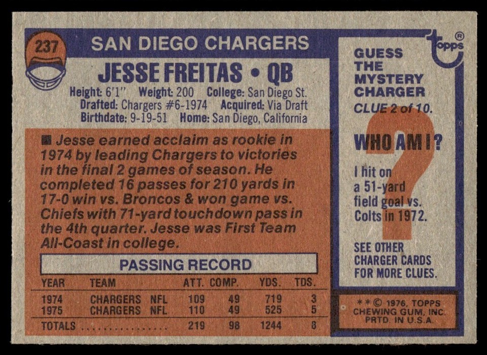 1976 Topps Football Card Jesse Freitas San Diego Chargers #237 EX-MT+ ...