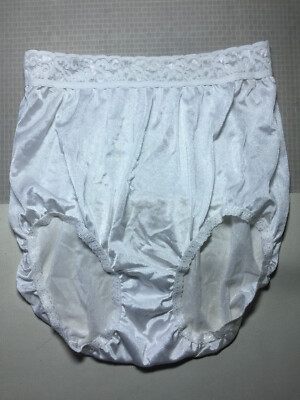 L/7 Vintage HANES 100% Shiny White Nylon Lace Trim Hi Cut Full Panties ...