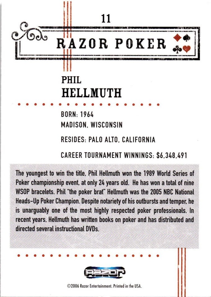 PHIL HELLMUTH 2006 Razor WORLD SERIES OF POKER Trading Card #11 POKER ...