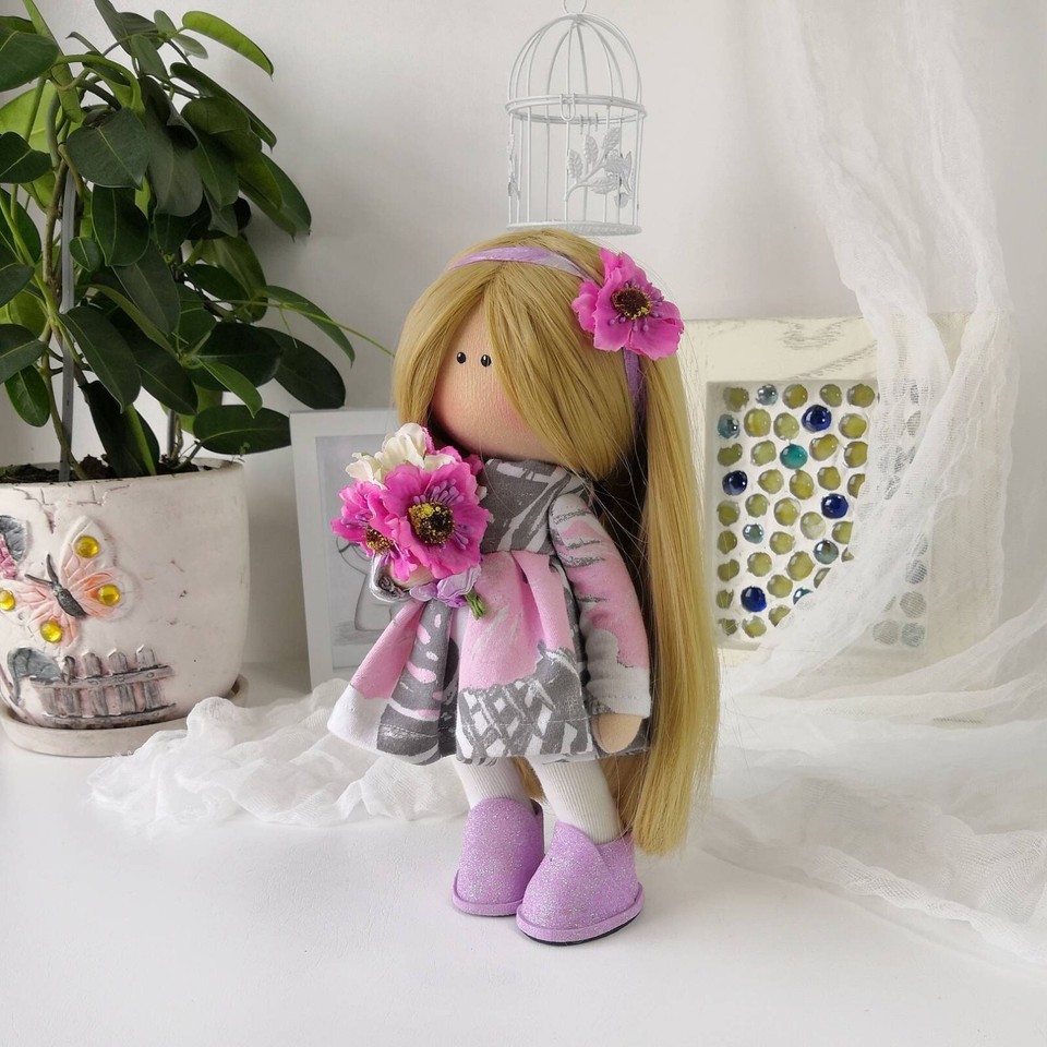 Hand made dolls Textile Girl Doll Brown Hair Unique Gift Interior Doll ...