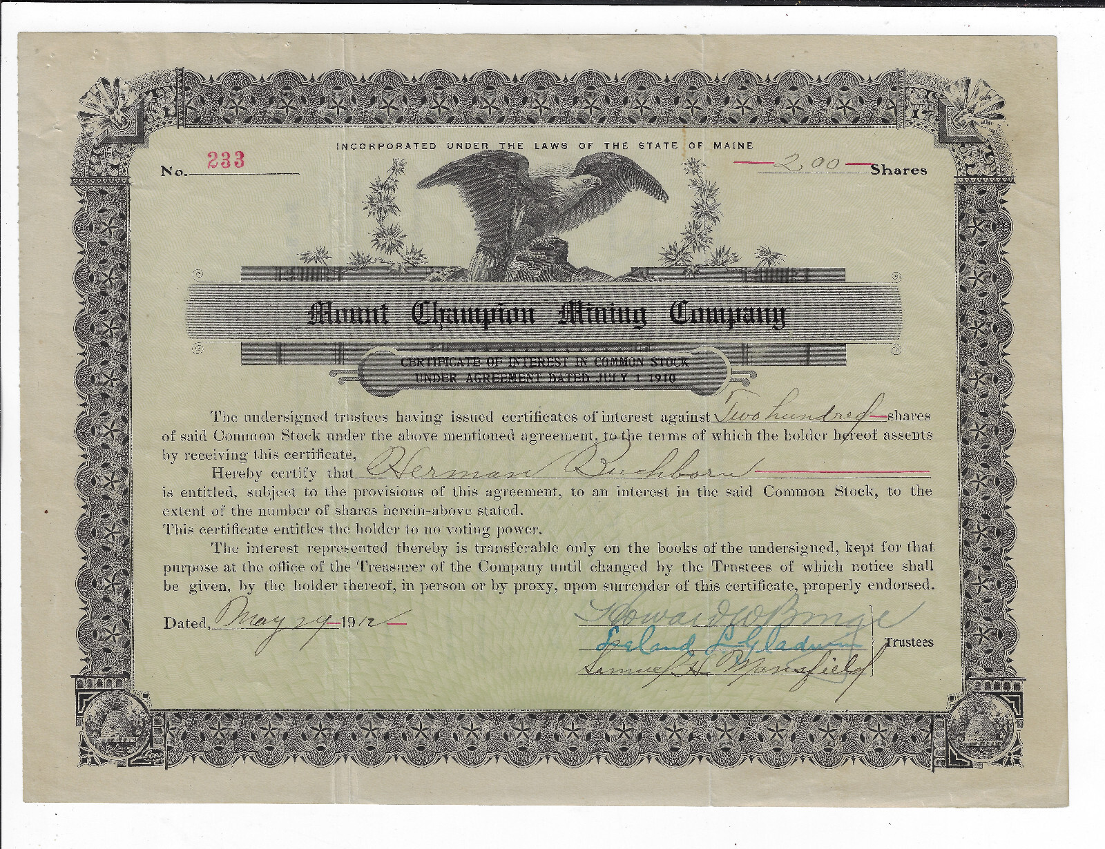 COLORADO 1912 Mount Champion Mining Company Stock Certificate Lake ...