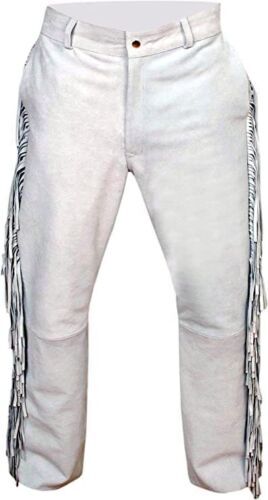 Men White Native American White Western Buckskin Ragged Leather Pants ...