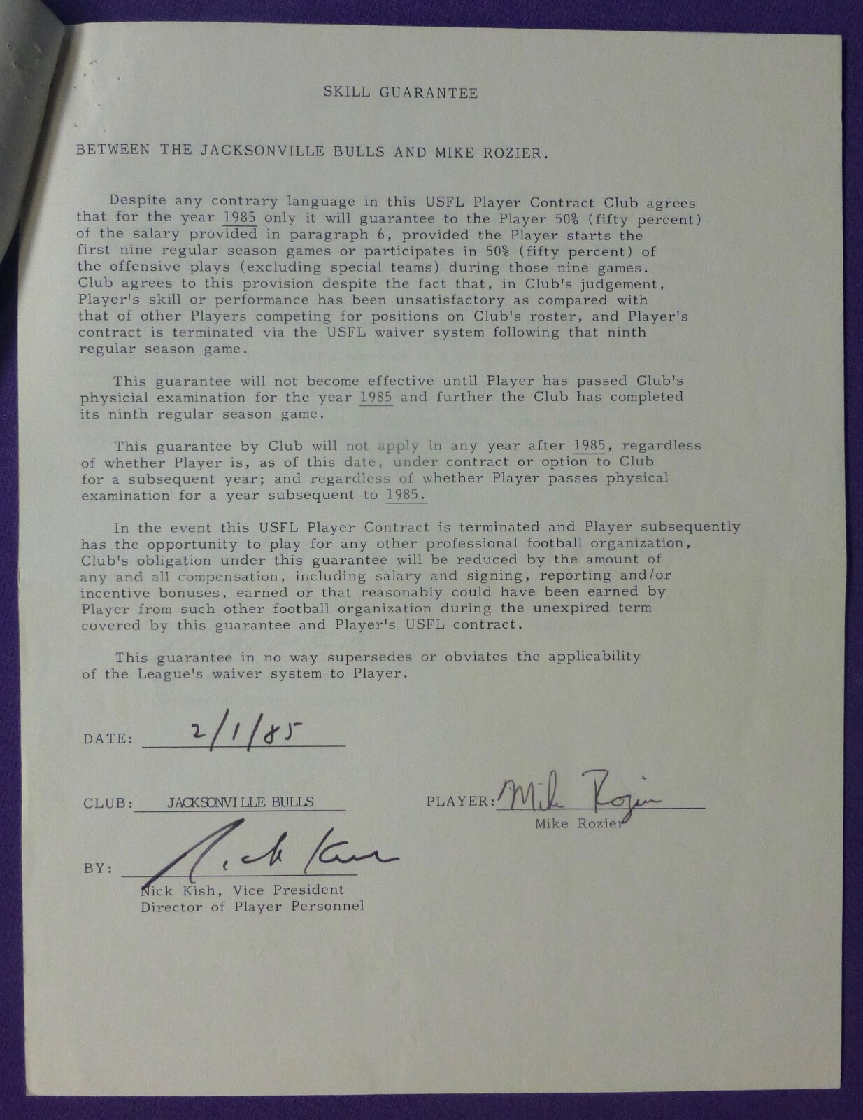 MIKE ROZIER - USFL - SIGNED CONTRACTS - PSA - JACKSONVILLE BULLS ...