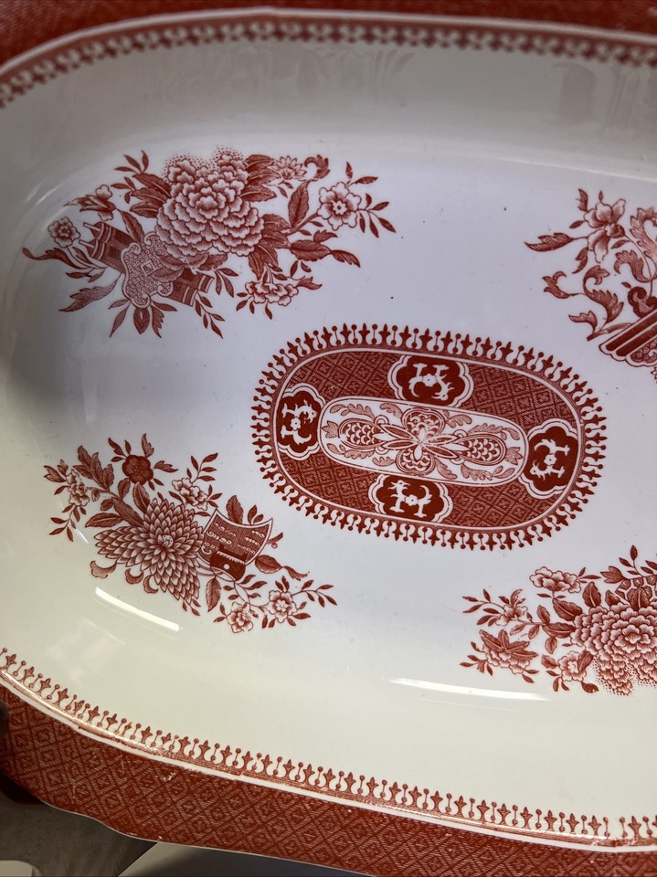 SPODE RARE “FITZHUGH RED” 9.75" RECTANGLE SERVING SALAD BOWL FINE STONE ...