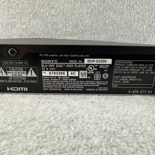 Sony BDP-S3200 Blu-Ray DVD Player Smart WiFi Streaming HDMI NO REMOTE ...