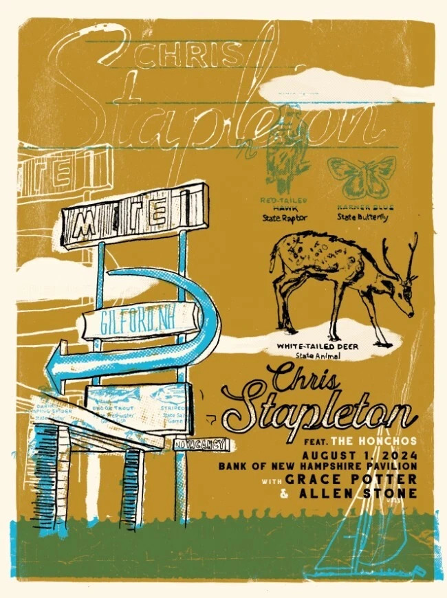 AUTHENTIC CHRIS STAPLETON AP POSTER Gilford NH AUG 1st (N1) 2024 ARTIST ...