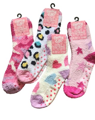 GIRLS FLUFFY SOCKS HEART LEOPARD CAMO STAR COSY GRIPPER 1 PAIR 9 12 3 4 ...
