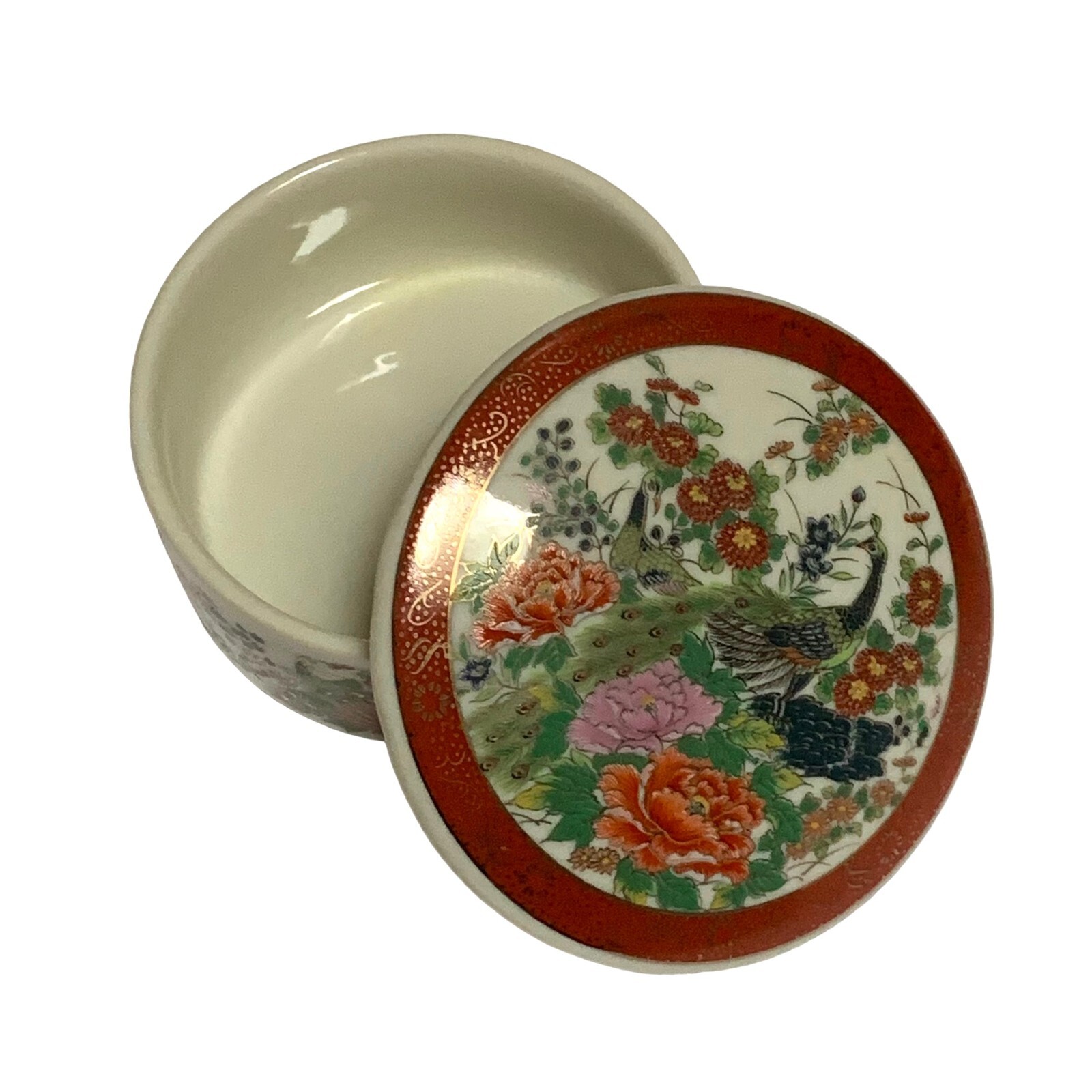 Satsuma Japan Peacock Floral Trinket Dish Keepsake Box Round Lidded ...