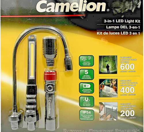 Camelion Led Flashlight Kit 3 in 1 Rechargeable Work Light Flexible ...