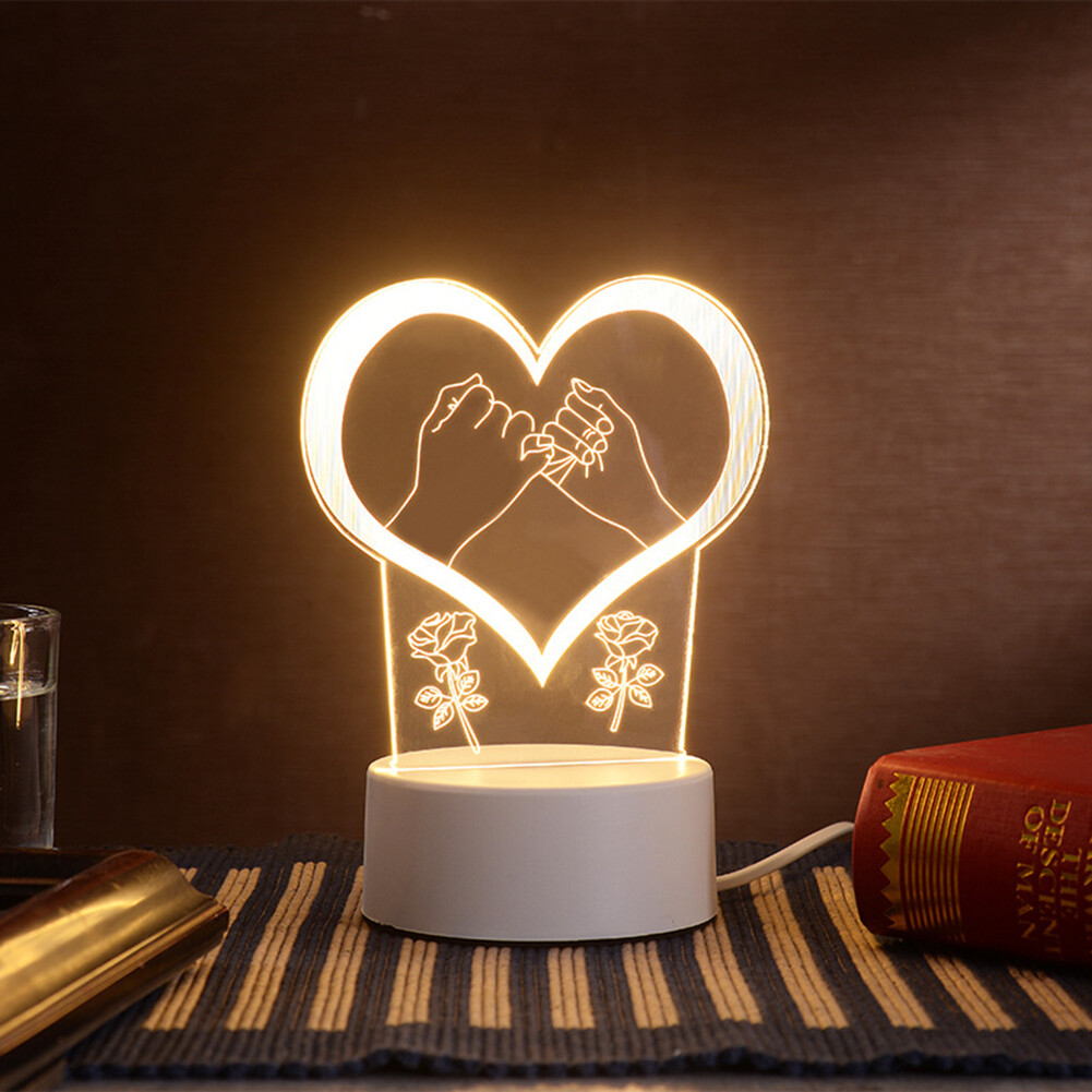 USB 3D LED Bedside Night Light Romantic Love Acrylic Desktop Table Lamp ...