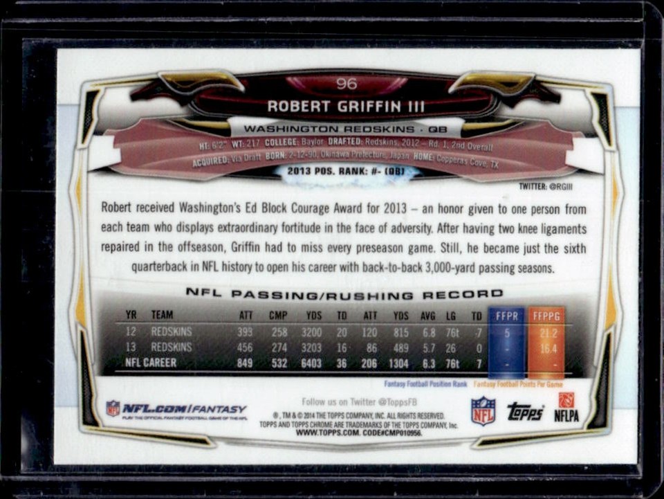 2014 Topps Chrome Robert Griffin III Green Refractor #96 Redskins | eBay