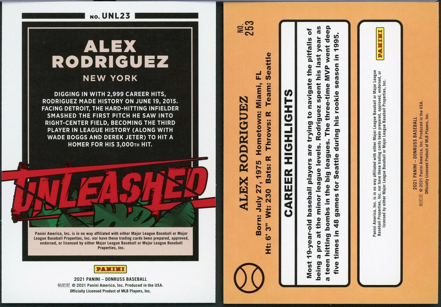 2021 Donruss Alex Rodriguez Unleashed Vector Parallel & #253 14x All ...