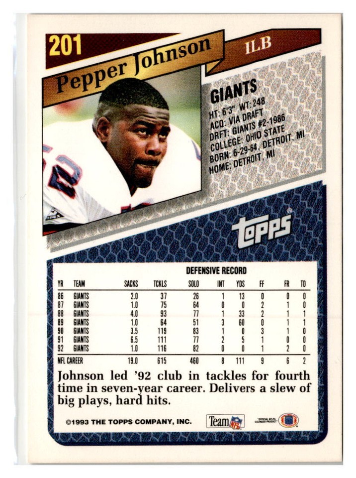 1993 Topps #201 Pepper Johnson Gold Gold | eBay