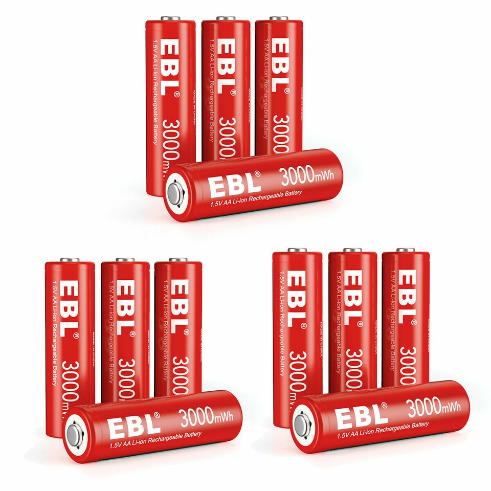 EBL Li-ion Rechargeable AA AAA Batteries 3000mWh/1200mw 1.5V Lithium ...