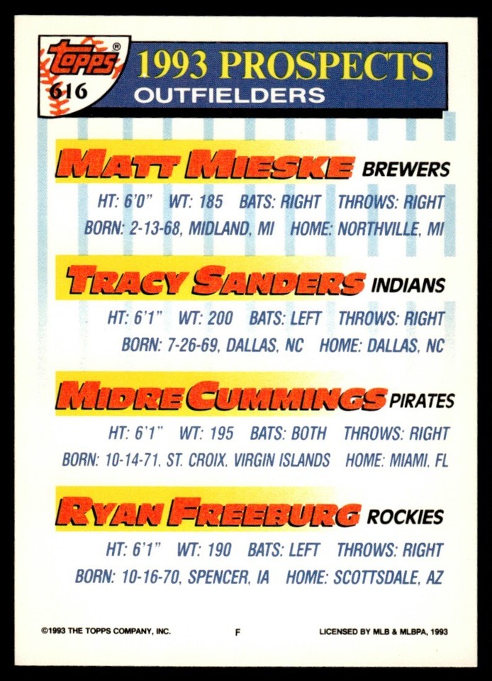 1993 Topps Top Prospects #616 Matt Mieske/Tracy Sanders/Midre Cummings ...