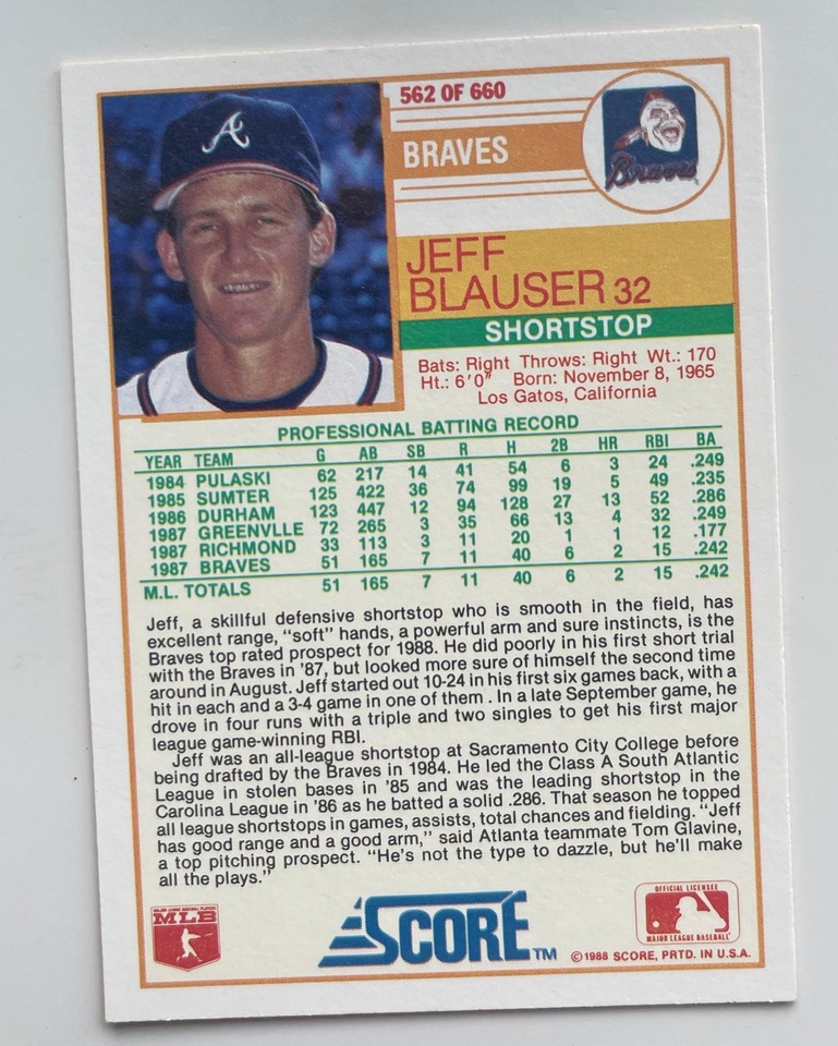 1988 Score #562 Jeff Blauser Atlanta Braves RC Baseball Card | eBay