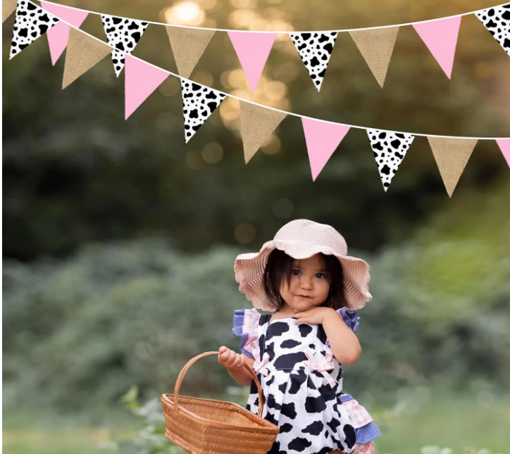 32Ft Western Farm Party Decorations Burlap Pink Cow Triangle Flag ...