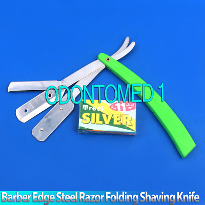 Green Straight Barber Edge Steel Razor Folding Shaving Knife 11 Blades ...