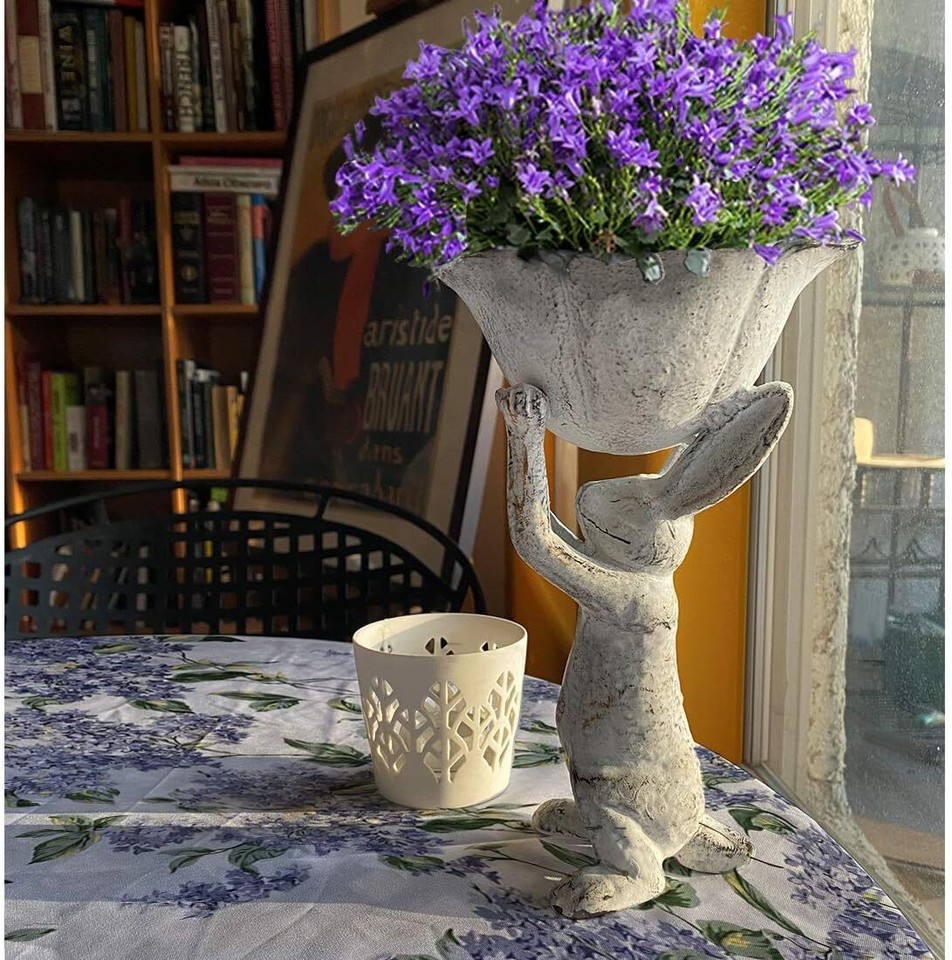 Vintage Garden Statue 9" Antique White Cast Iron Bunny Rabbit w/Flower ...