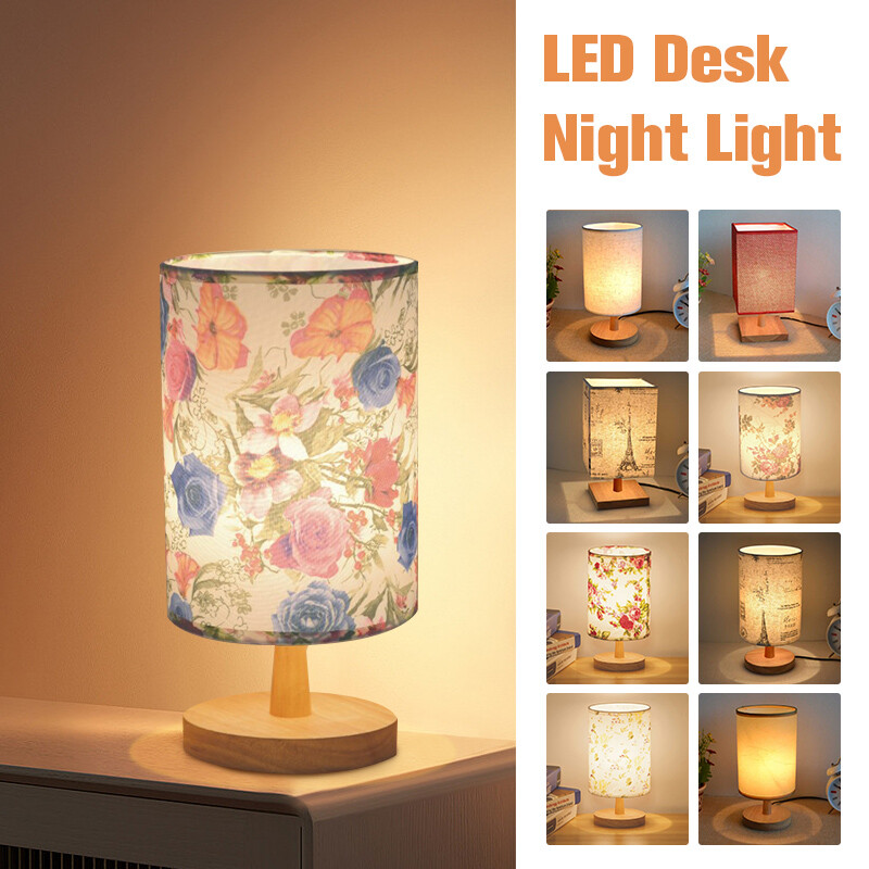 Vintage Warm Light Table Lamp Wooden Linen Bedside USB Light Art Decor ...