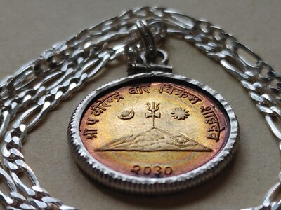 Sunrise & Sickle Moon Himalayan Mountain Nepal coin pendant & Italian ...
