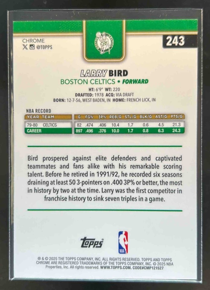 2025-26 Topps Chrome Larry Bird Blue Wave Refractor #22/150 Celtics | eBay