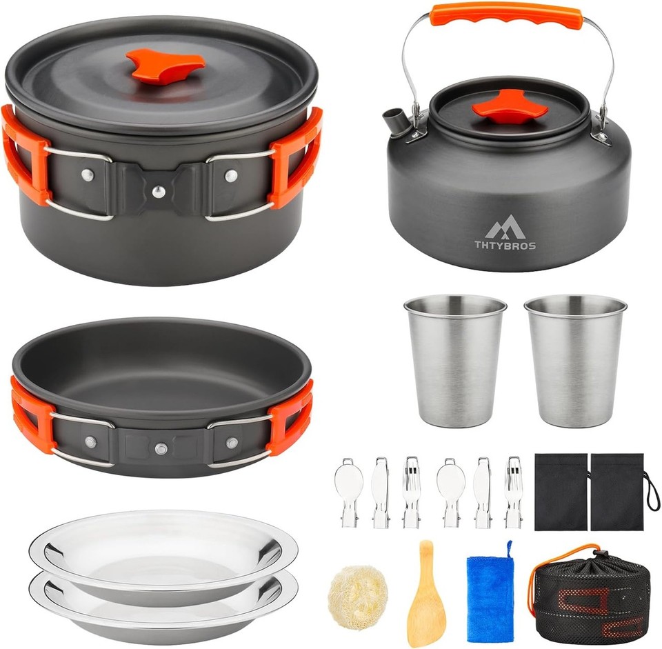 17pcs Hiking Cookware Kit Pot Pan Kettle w/ Stainless Steel Cups Plates ...
