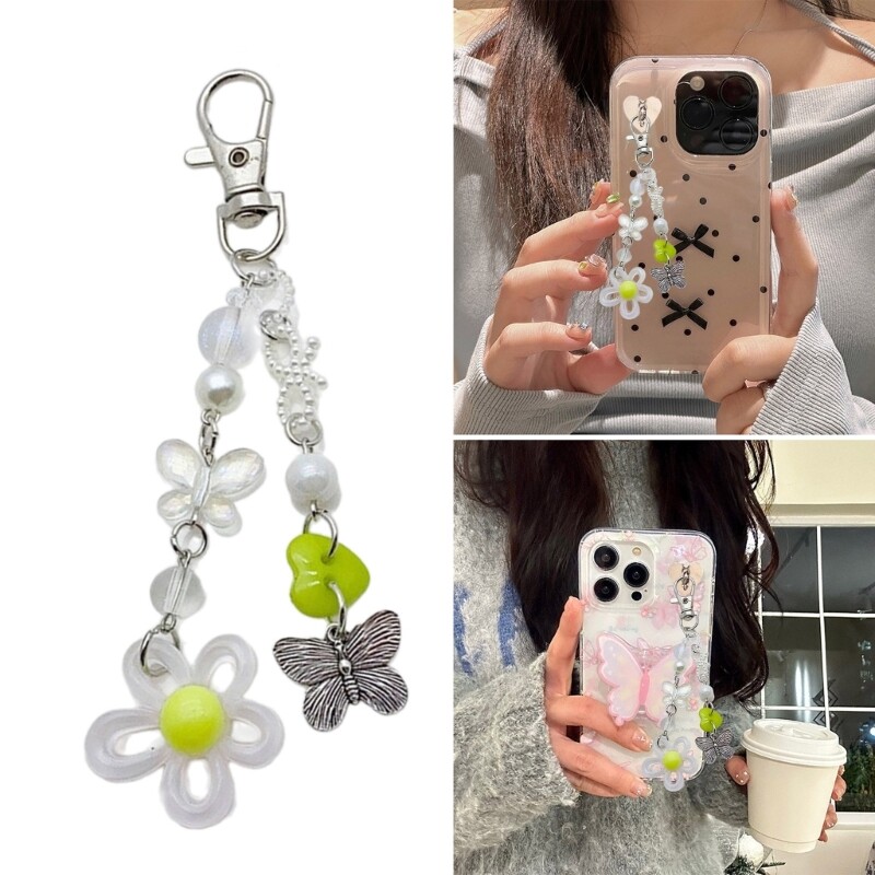 Elegant Butterfly Flower Phone Charm Keychain Beaded Bag Pendant for ...