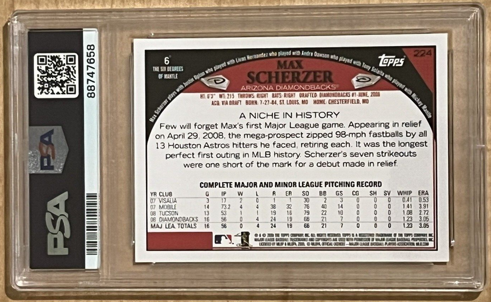 2009 Topps Max Scherzer #224 Arizona Diamondbacks/Texas Rangers PSA 9 ...