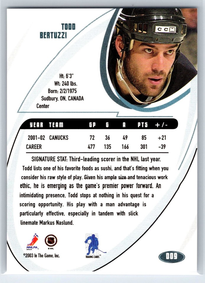 2002-03 Be a Player Signature Series Todd Bertuzzi Vancouver Canucks ...
