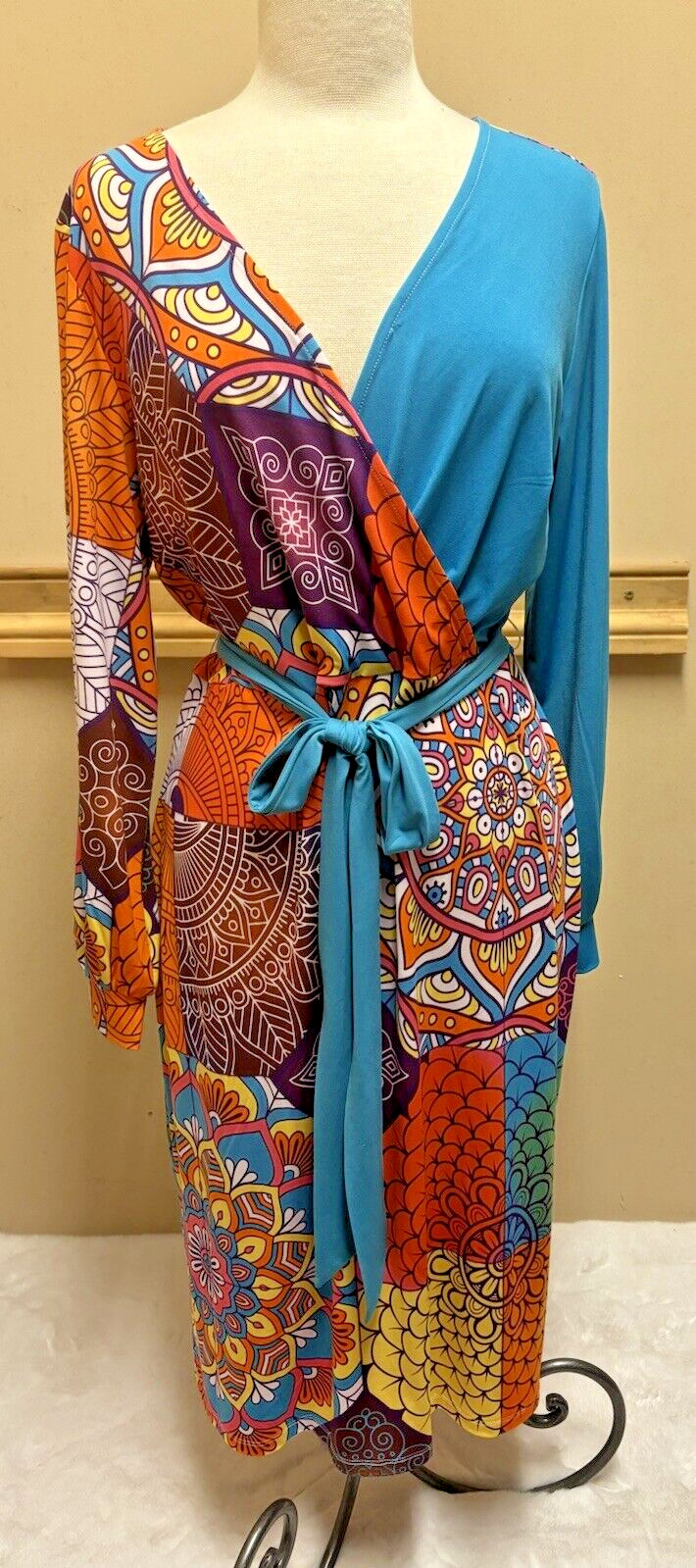 ASHRO Faux Wrap 2 Tone Boho Hippie Mod Print Dress SZ… - Gem