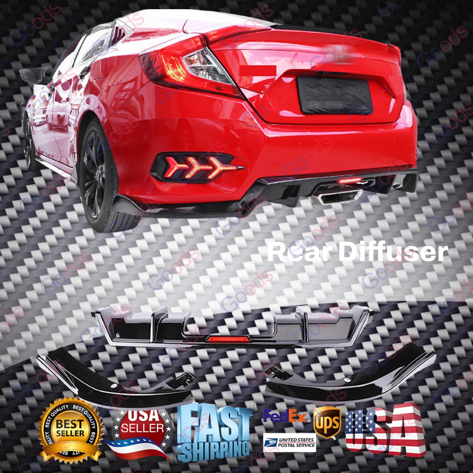 For 2016-2021 Honda Civic 4Dr Sport Sedan Rear Bumper Diffuser with LED ...