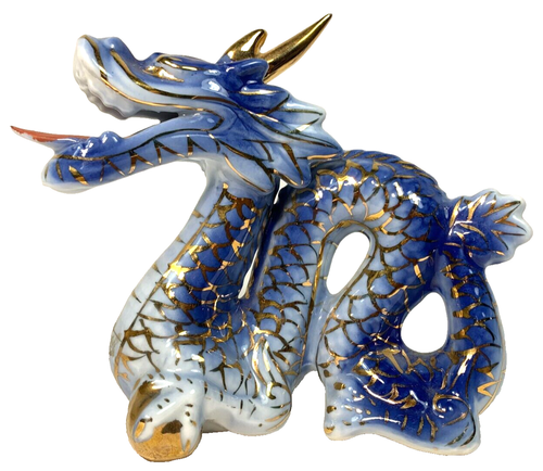 Dragon Figurine Statue Blue White Gold Three Toe Holding Hoju Year of ...
