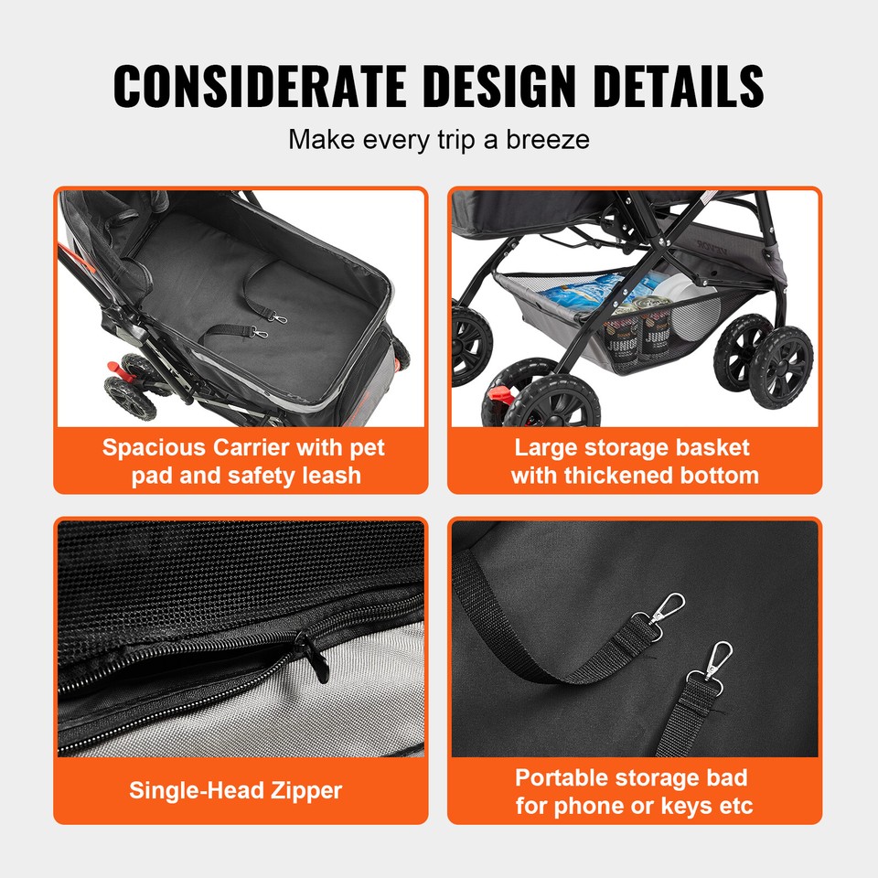 VEVOR Pet Stroller 4 Wheels Dog Stroller with Brakes 44 lbs Weight ...