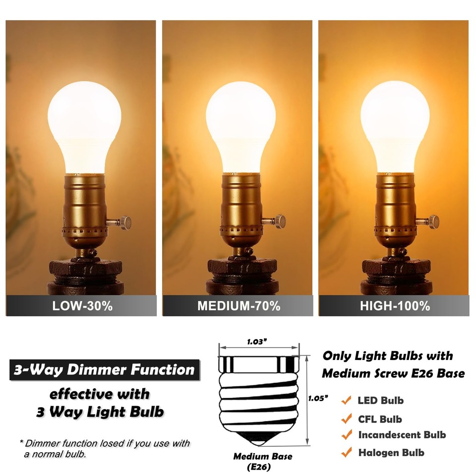 3 Way Lamp Socket with Twist Switch,E26 Standard Medium Screw Light ...