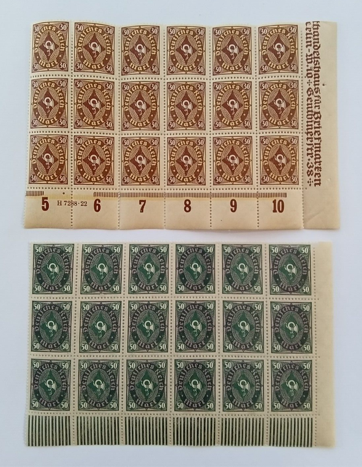 Germany 1922 Post Horn Blocks of 18 stamps ( 6 values - 108 stamps ...