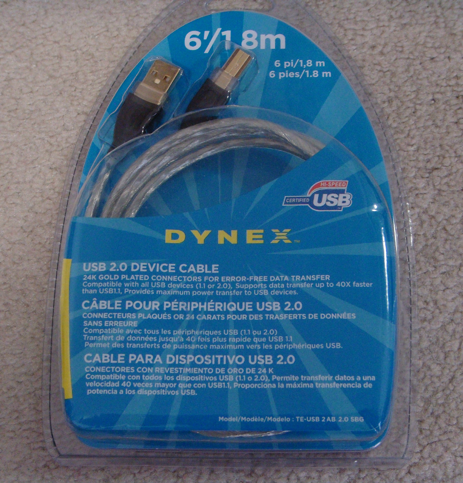 New Dynex USB 2.0 Device A Male to B Male Gold Plated Connectors Cable ...