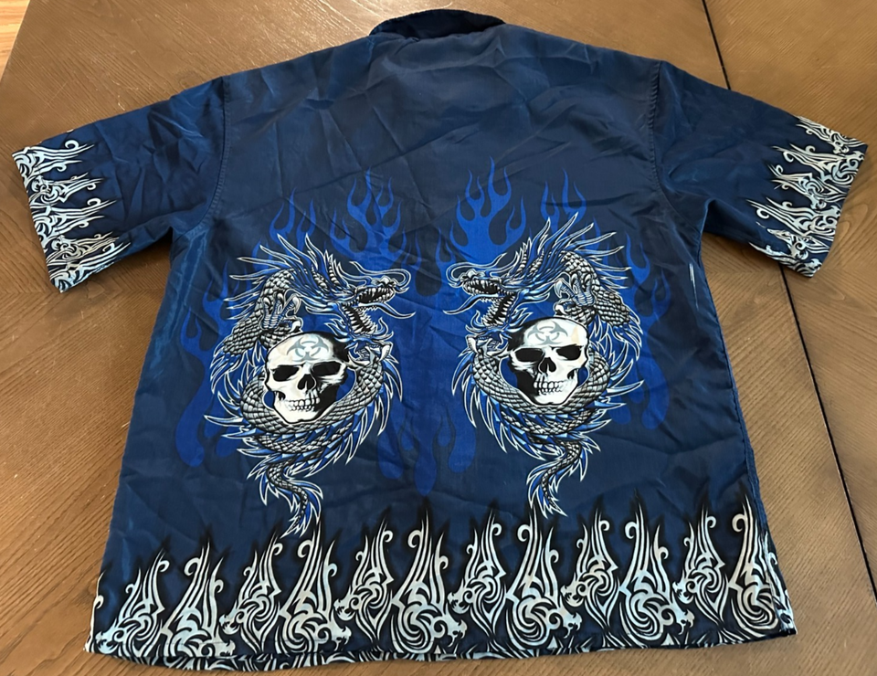Vintage 90s Y2k Tribal Skull Dragon Flames Black & Blue Fire Edgy Shirt ...