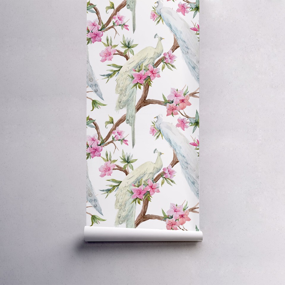 Watercolor peacock removable Wallpaper white mural Self Adhesive Peel ...