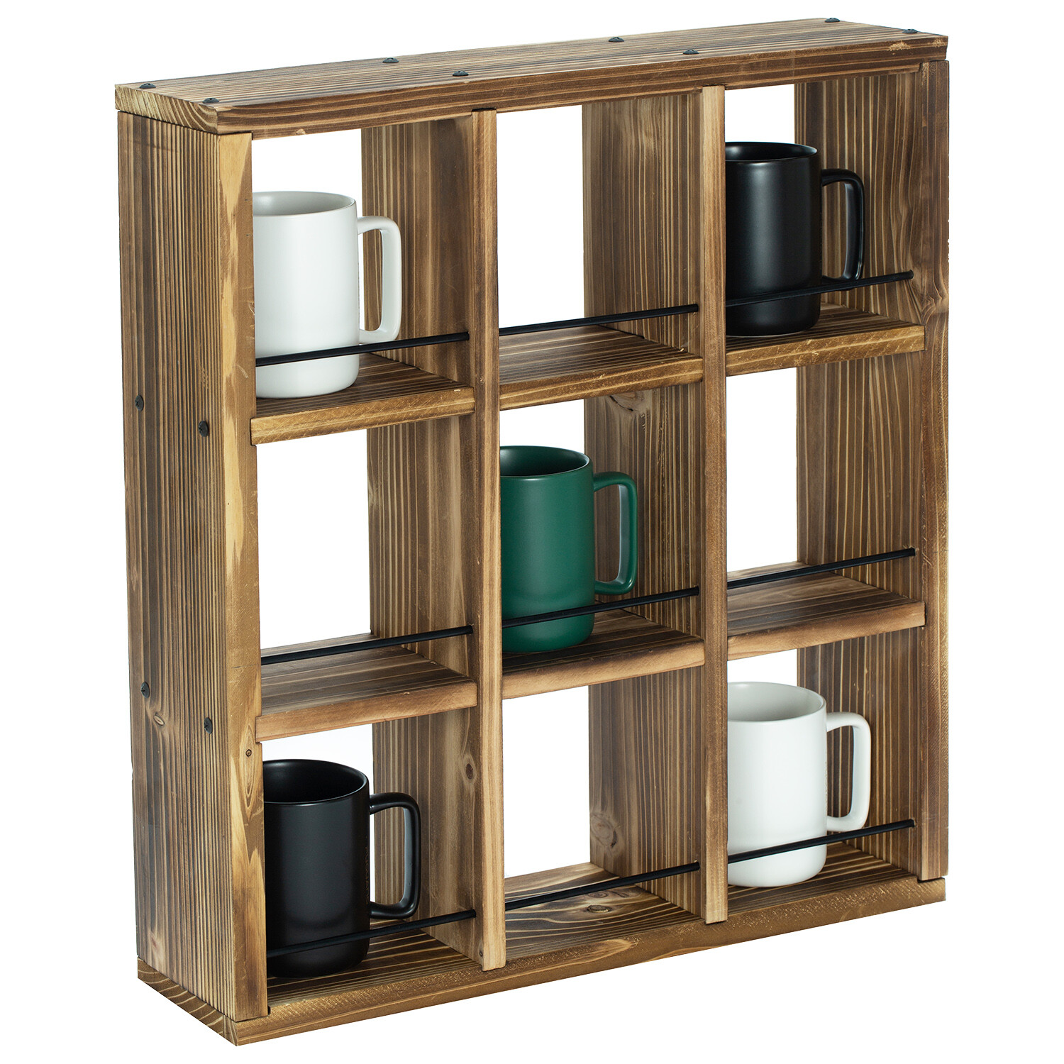 Wall Mounted Rustic Burnt Wood Coffee Mug Display Rack, Mug Cup Shadow ...