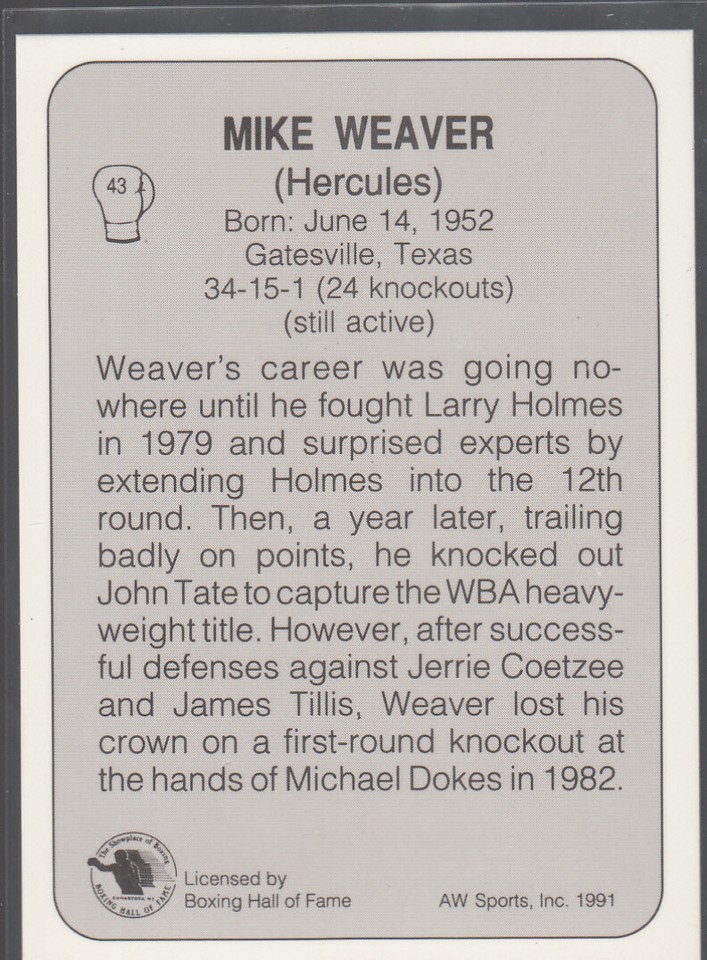 MIKE WEAVER 1991 All World Boxing #43 Heavyweight Champion Rookie RC ...
