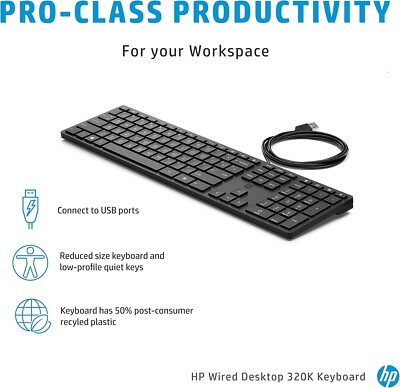 HP Smart 320K Slim Wired Keyboard Black 108 Keys USB-A HSA-C001K L96909 ...